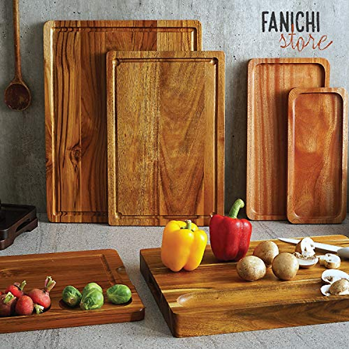 FANICHI Extra Large & Thick Acacia Wood Cutting Board: 16 x 12 x 1.5 Inch Reversible Multipurpose with Juice Groove, Cracker Holder & Inner Handles.