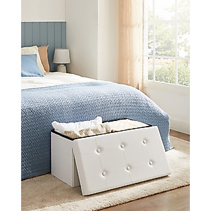 SONGMICS 30 Inches Folding Storage Ottoman Bench, Storage Chest, Footrest, Coffee Table, Padded Seat, Faux Leather, Holds up to 660 lb, White ULSF106