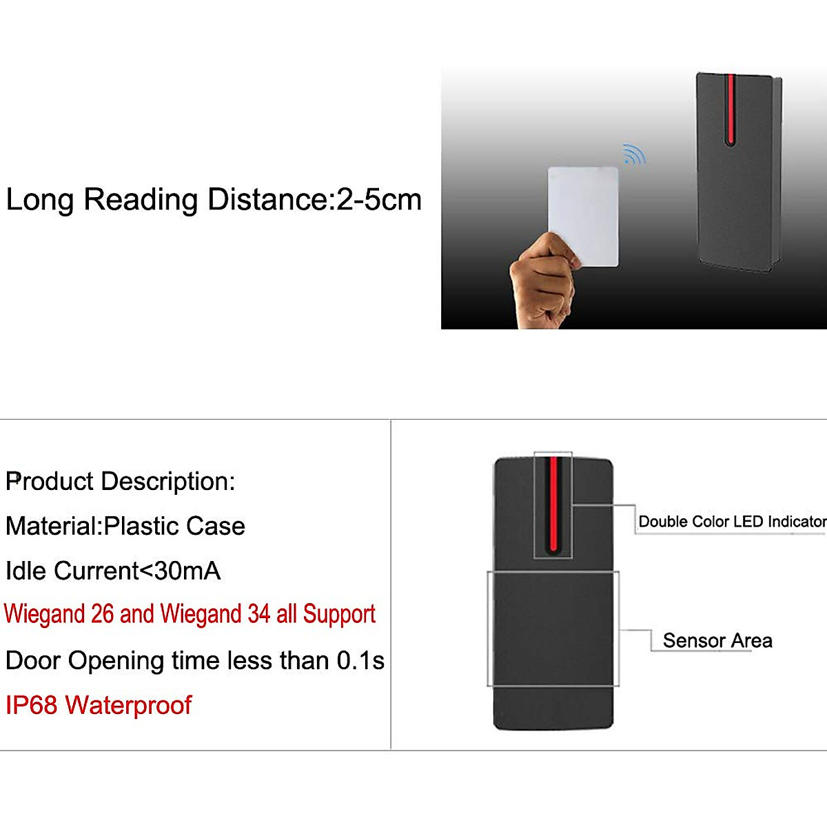 No Relay Access Control Reader Proximity Card Reader Wiegand 26/34 Bit Output Door Access Reader Waterproof IP68 Access Control 125KHZ Card Reader with 10 Color Key