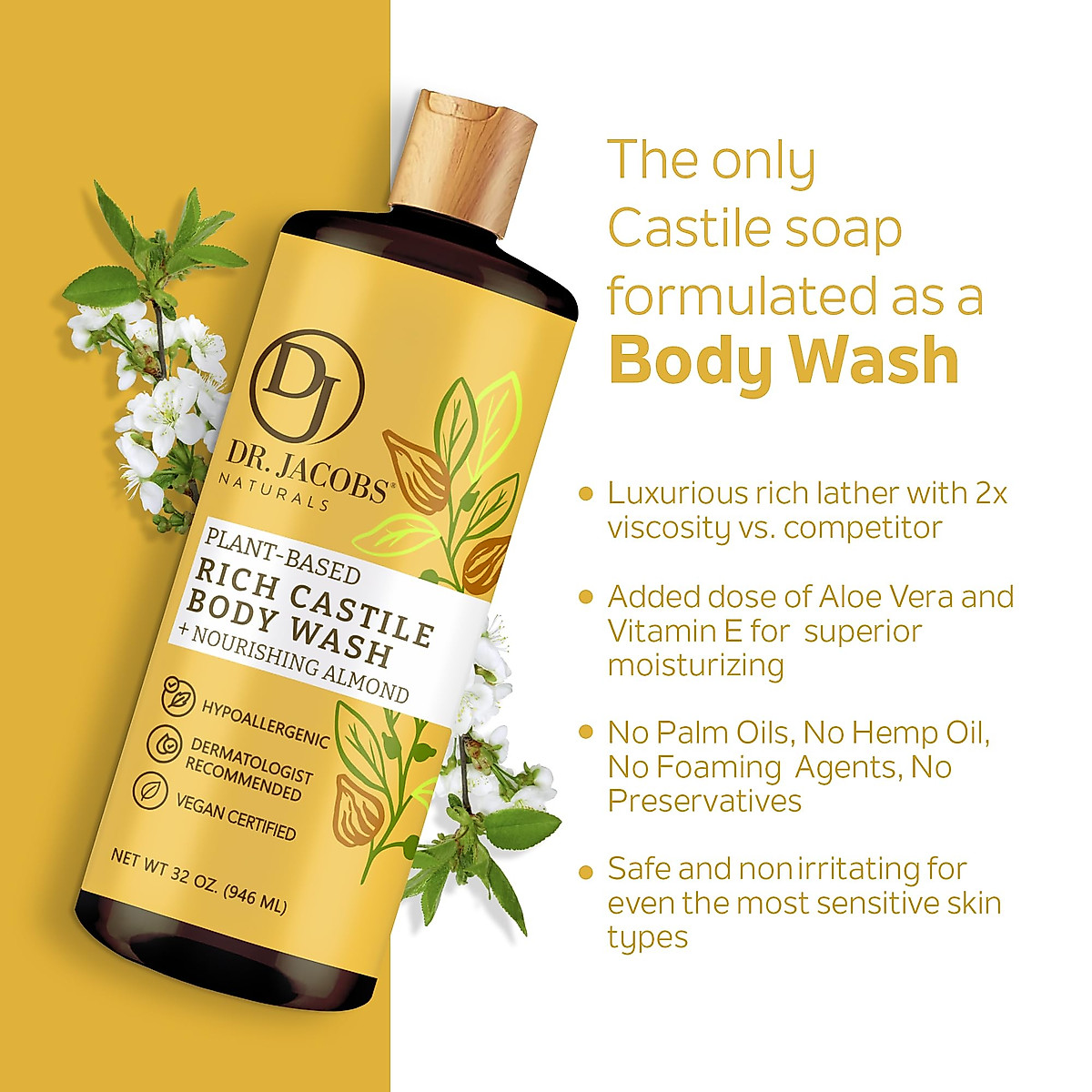 DR.JACOBS NATURALS Dr. Jacobs Naturals Pure Castile Liquid Soap - Natural Face and Body Wash, Almond Honey 32 oz.
