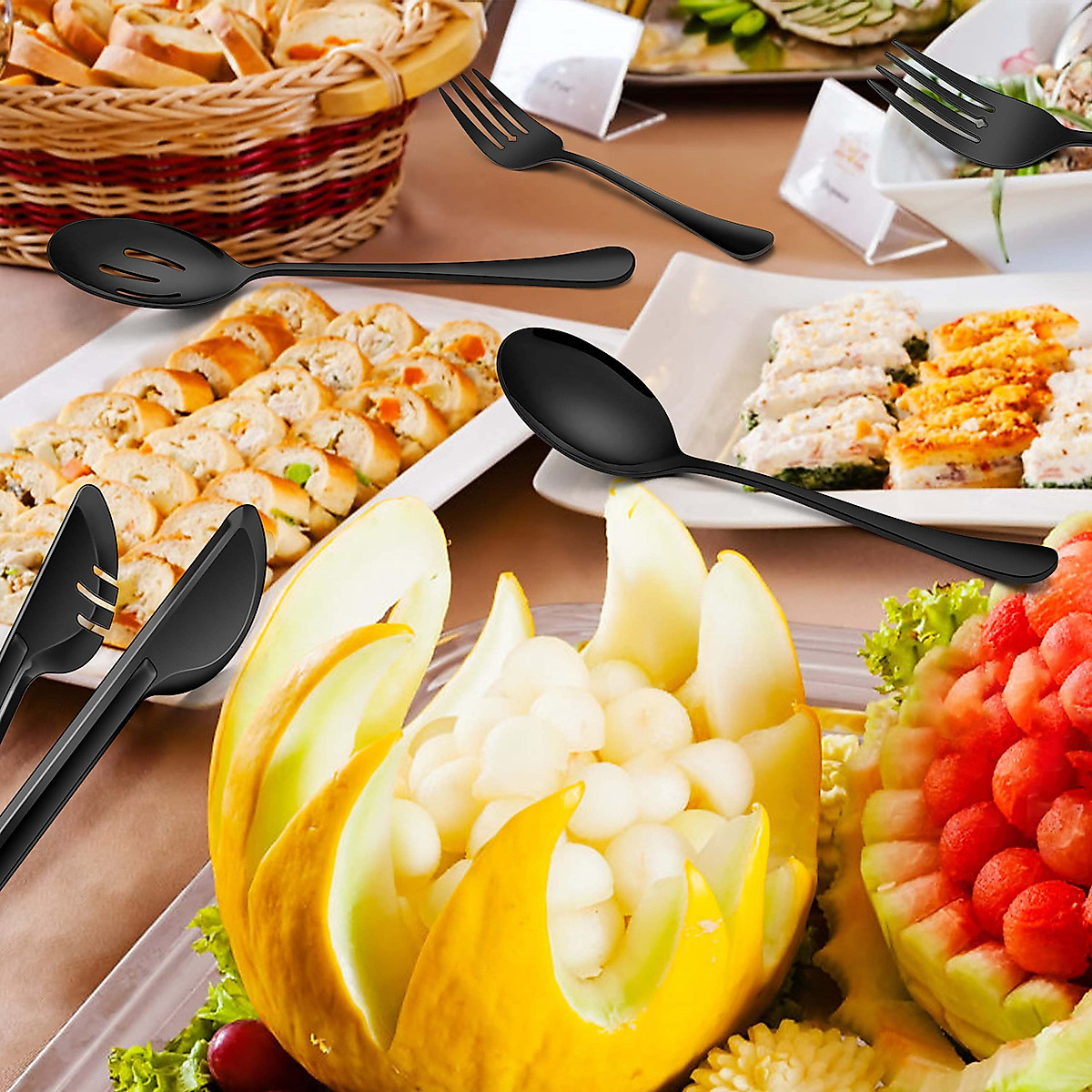 Homikit Stainless Steel 3 Large Serving Spoons, 3 Slotted Serving Spoons, 3 Serving Forks, 3 Serving Tongs, 12Pcs Black Metal Catering Banquet Buffet Serving Utensils, Mirror Polished, Dishwasher Safe