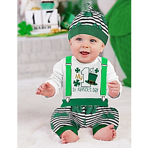 AGAPENG St Patricks Day Baby Boy Outfit Baby St Patricks Day Outfit Boy 3-6 Months Baby Boy St Patricks Day Outfit My First St Patricks Day 1st Romper Four Leaf Clover Suspenders Pants Stripe Hat