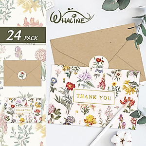 Whaline 24 Pack Wildflower Thank You Cards Vintage Floral Greeting Cards with Envelopes Stickers Gold Foil Retro Spring Blank Note Cards for Wedding Bridal Baby Shower Birthday, 4 x 6 Inch