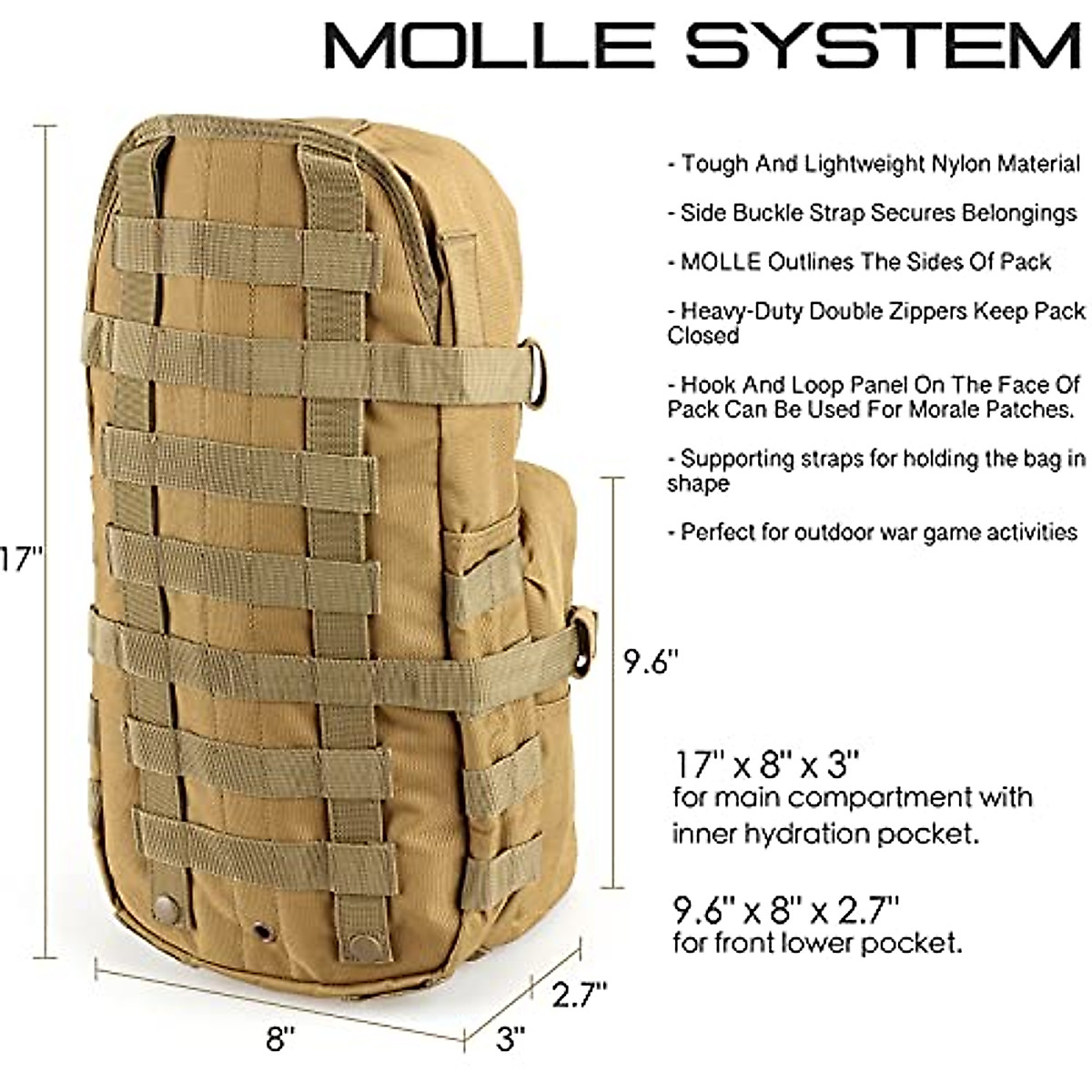 LIVANS Tactical Hydration Pack Nylon, Molle Hydration Carrier Bag Water Reservoir Bag for Tactical Backpack Plate Carrier(Bladder not included)