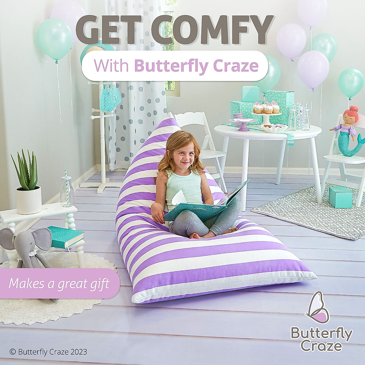 Butterfly Craze Bean Bag Chair Cover, Functional Toddler Toy Organizer, Fill with Stuffed Animals to Create a Jumbo, Comfy Floor Lounger for Boys or Girls, Stuffing Not Included, Purple Stripes