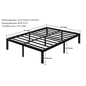 COMASACH 16 inch Full Bed Frame No Box Spring Needed, 3500 lbs Heavy Duty Metal Platform Bed Frames, Non-Slip and Noise-Free Mattress Foundation, Black