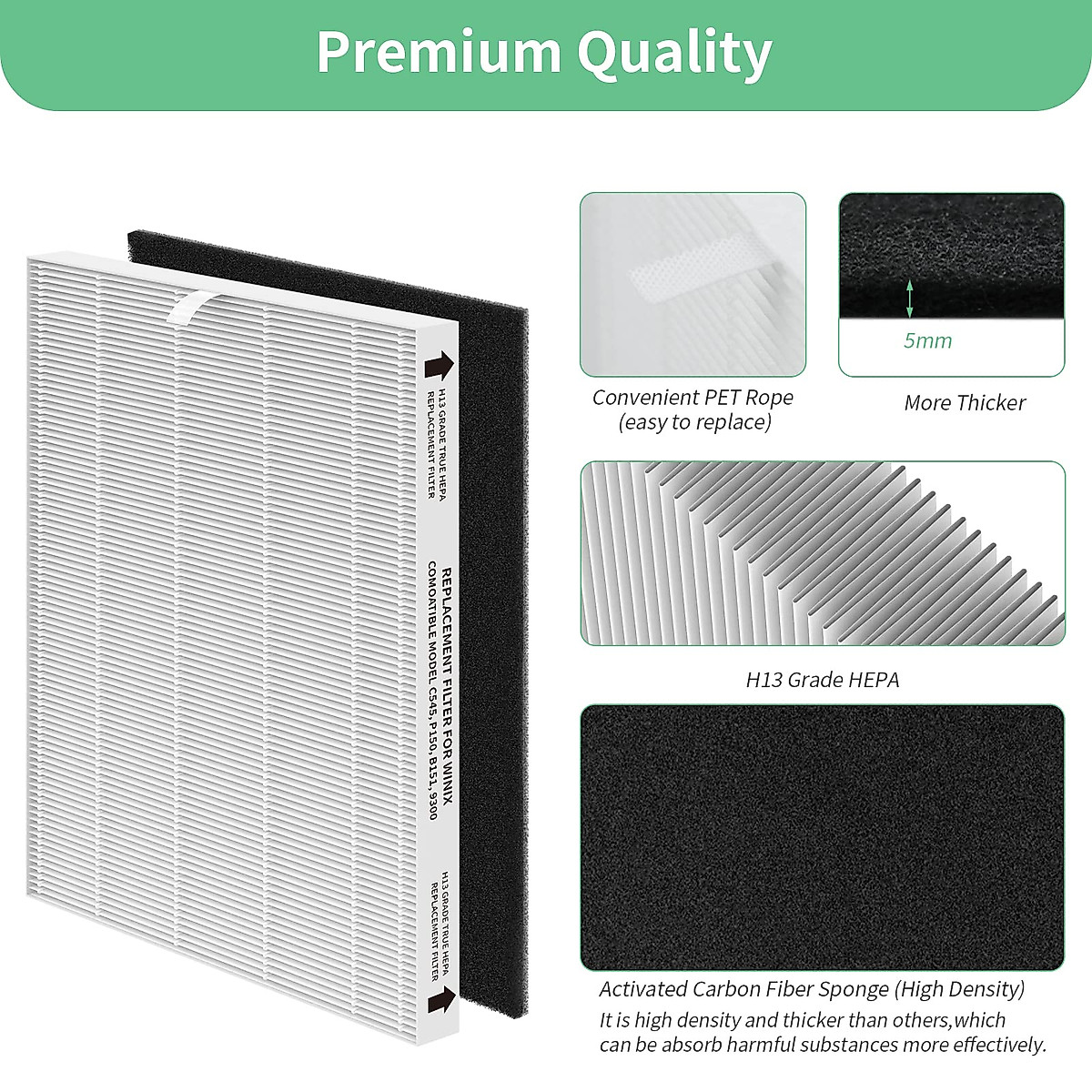 SAKEGDY 5 Packs C545 True HEPA Replacement Filter Set, Compatible with Winix C545 Purifier, Winix Filter S, Part# 1712-0096-00, 5 True HEPA + 5 Carbon Pre-filters