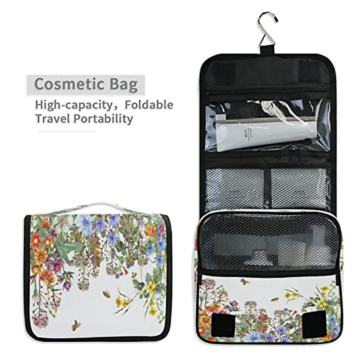 Omhonmi Hanging Toiletry Bag for Women Colourful Summer Dragonfly Botanical,Waterproof Makeup Pouch,Portable Cosmetic Bag,Travel Bag with Hanging Hook for Woman Man Travel Accessories