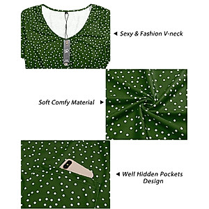 OUGES Casual Summer Short Sleeve Button Up Dress for Women 2025 Polka Dot Midi V Neck Skater Dress with Pockets(Green Polka Dot2,M)