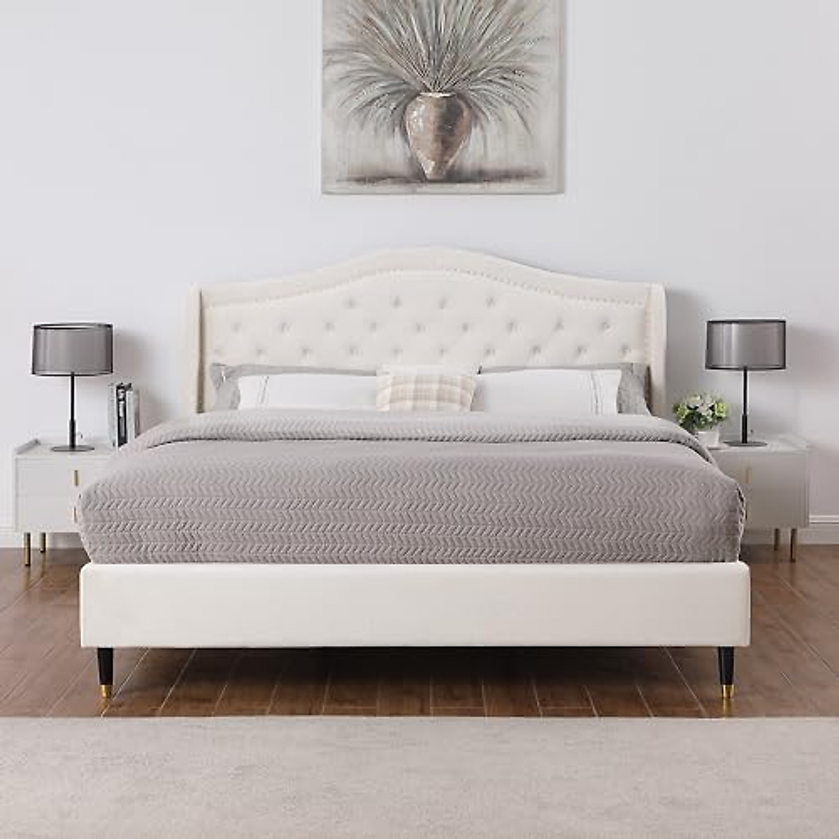 Morden Fort Velvet Bed Frame California King Bed Frame with Headboard Upholstered Wood Platform with 51” Headboard, Heavy Duty Bed Frame with Wood Slat Support, No Box Spring Needed, Beige