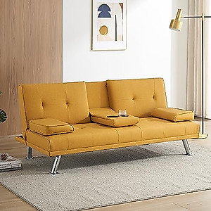 ME2 67" Sleeper Sofa Faux Leather Futon Sofa Bed w/Removable Armrests & Cupholders, Convertible Upholstered Folding Loveseat Folding Daybed Guest Sofa Bed for Living Room,Apartment,Dorm,Yellow