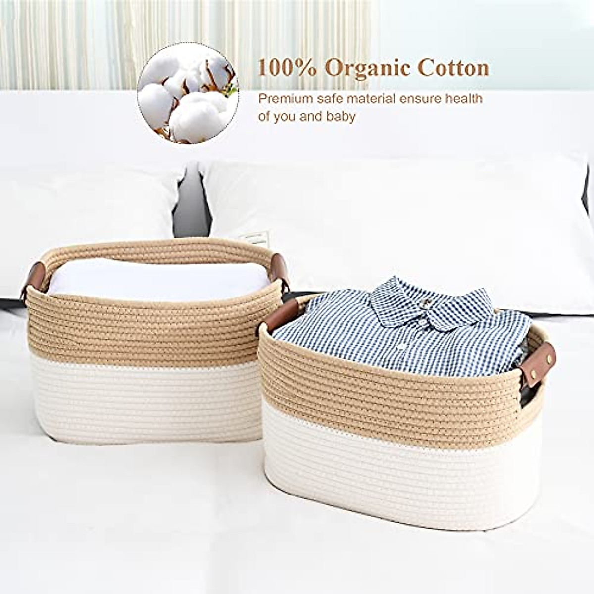 ECDYQXVU 1 Pack Cotton Rope Storage Baskets,15x10x9 in,Collapsible Storage Bins, Decorative Woven Basket Cube Storage Organizer for Nursery, Laundry, Towel, Clothes, Cosmetics, Books(White/Beige)