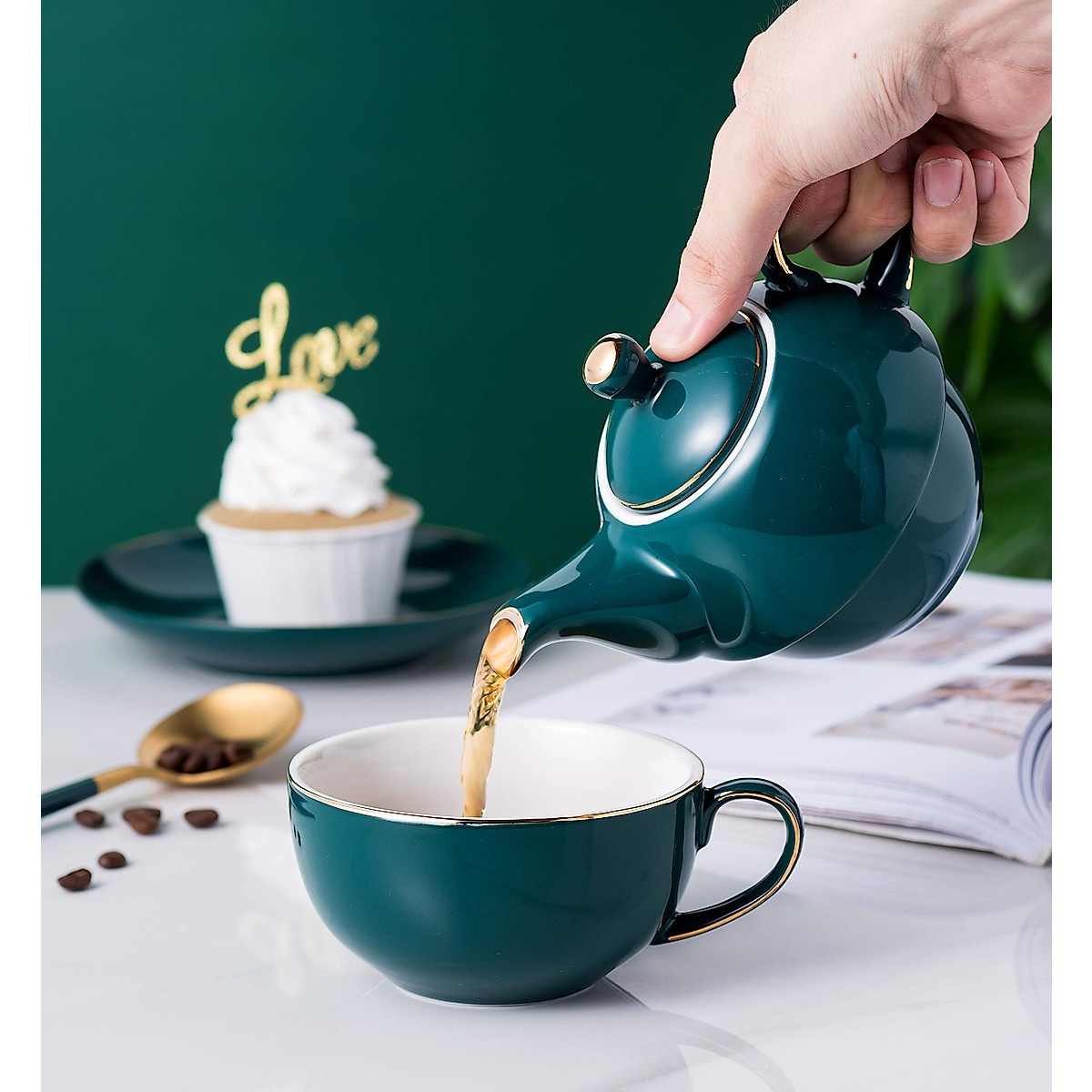 Jusalpha Dark Turquoise Green Fine China 16 OZ Teapot- Tea cup- Saucer Set, Tea-for-One set #08