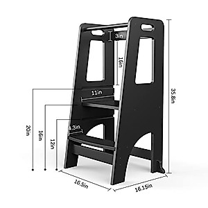 MOAMUN Wooden Step Stool for Kids, Adjustable Height Toddler Learning Helper Tower with Handle, Solid Wood Step Stool for Kitchen,Bathroom,Bedroom (Black)