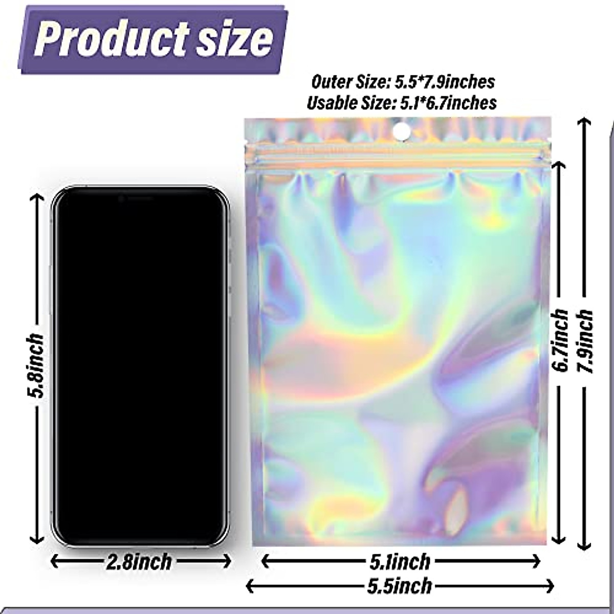 100 Pieces Resealable Holographic Bags-5.5x7.9''smell proof Foil Pouch Bags, Ziplock Bags for Party Favor Food Storage