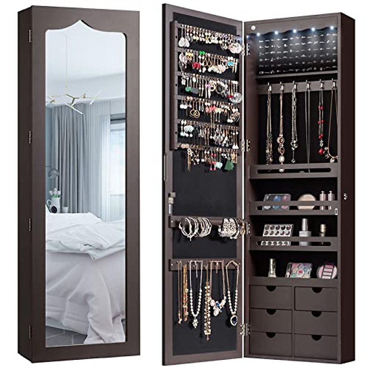 CHARMAID 5 LEDs Mirror Jewelry Armoire Wall Door Mounted, Lockable Jewelry Cabinet with 6 Drawers and Full Length Mirror, Large Capacity Jewelry Organizer Storage Jewelry Box with Drawers (Brown)