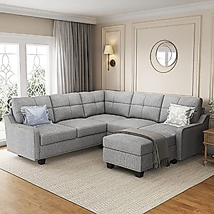 HONBAY Convertible Sectional Sofa, L Shaped Couch with Storage Ottoman, Reversible 4 Seat Corner Sofa for Small Apartment,Light Grey