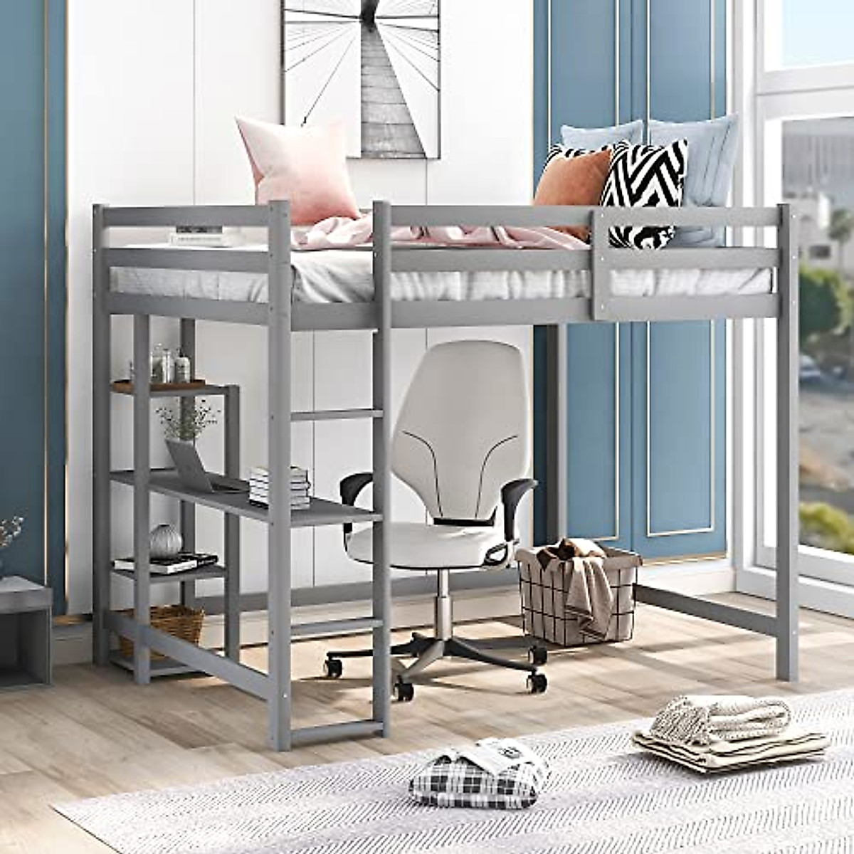 DEYOBED Full Size Wooden Loft Bed Frame with Built-in Desk Shelves for Kids Teens Adults