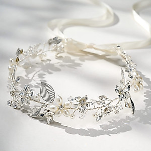 SWEETV Flower Girl Headpiece Pearl Silver Wedding Hair Accessories for Girls Flowers Headband Tiara for Birthday,party