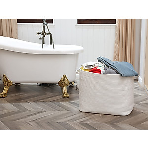 22"x14"x18" Mega Size Rectangular Extra Large Storage Basket, Rectangular Cotton Rope Storage Baskets, Woven Laundry Hamper, Cloth Storage Bin, for Clothes Blanket in Living Room, All White