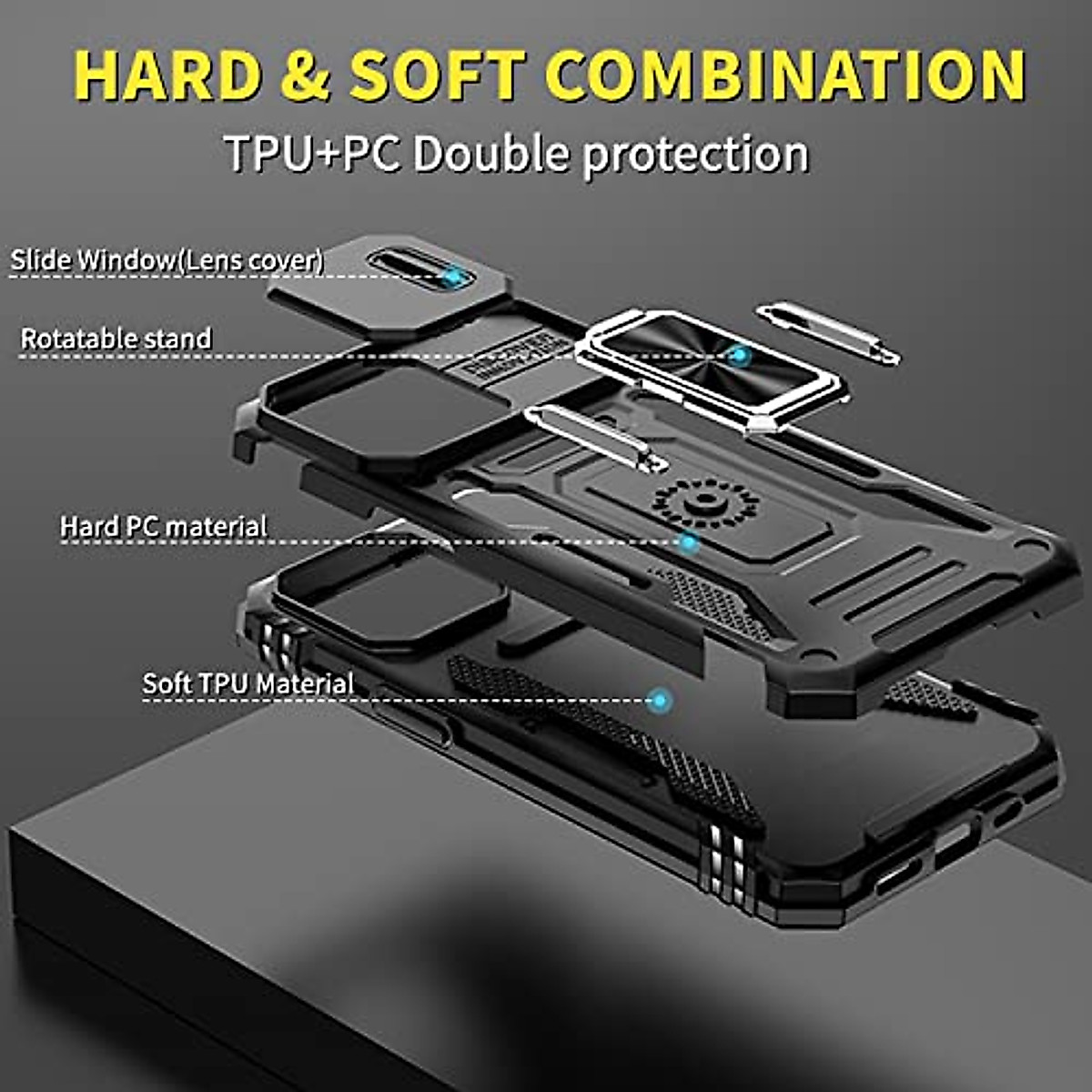 FRLMOOES for iPhone 11 Pro Case with 2 Glass Screen Protector,iPhone 11Pro Kickstand Case with Slide Camera Cover& 360°Magnetic Ring Shockproof Military Grade Drop Heavy Duty Protection Men 5.8‘’black