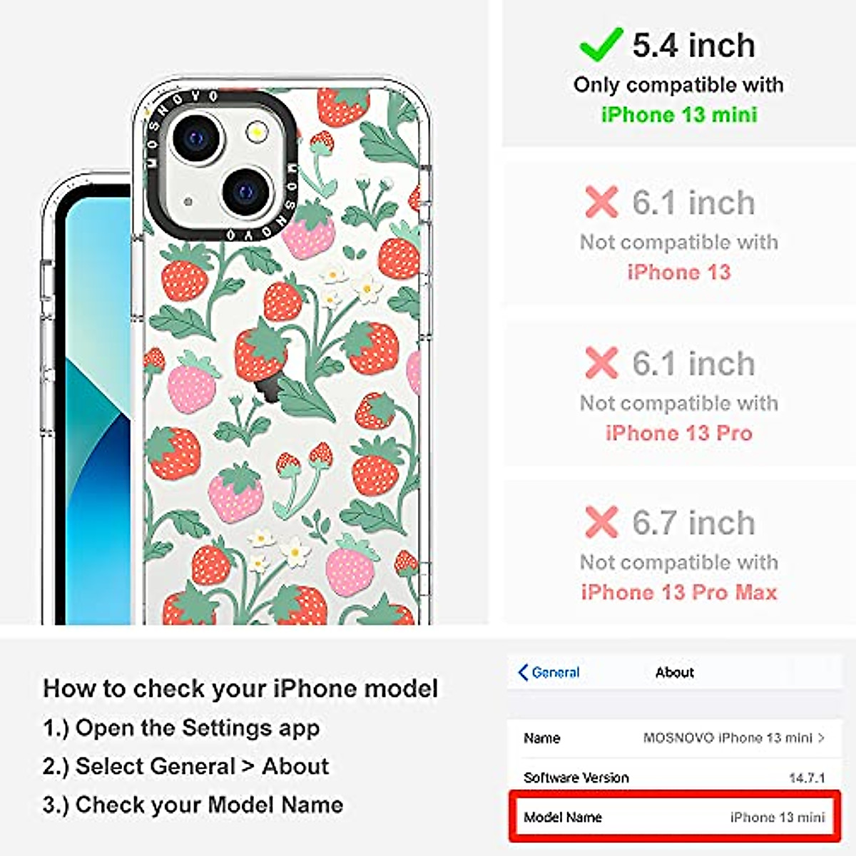 MOSNOVO Compatible with iPhone 13 Mini Case, Cute Strawberry Garden for Girl Women Men [ Buffertech™ Impact ] Transparent TPU Bumper Clear Phone Case Cover Designed for iPhone 13 Mini 5.4 Inch