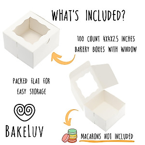 BAKELUV 4x4 Cookie Boxes with Window | White, 100 PCS | Small Treat Boxes, 4x4x2.5 Small Cookie Boxes, Bake Sale Boxes, 4 Inch To Go Bakery/Dessert, Cake Slice Boxes Individual, Cupcake/Muffin Box