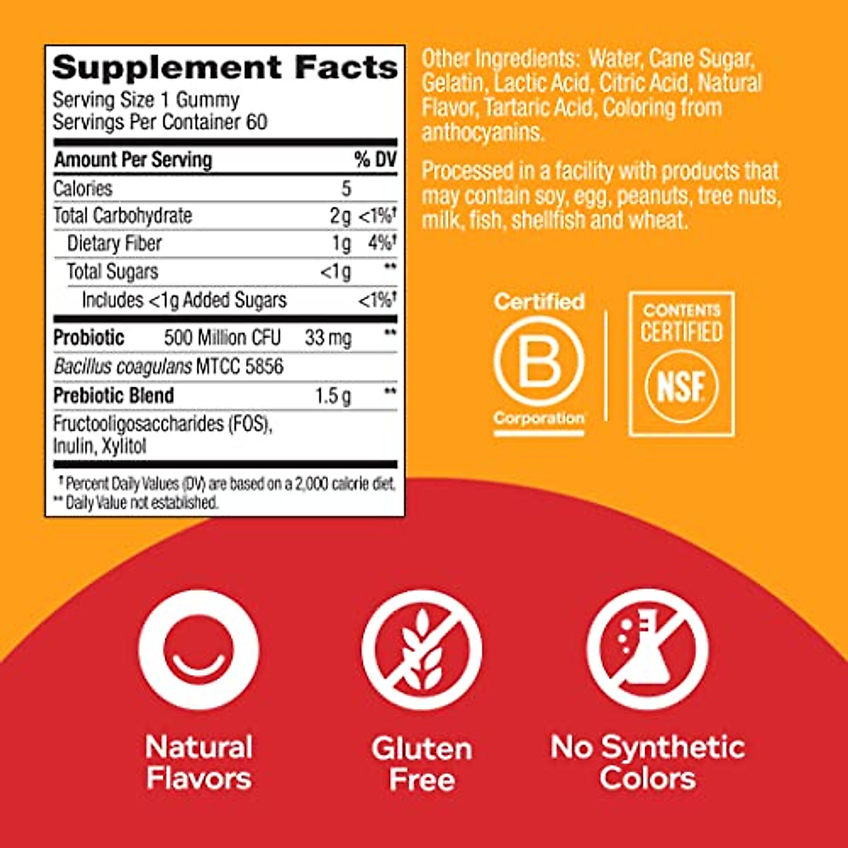 OLLY Probiotic + Prebiotic Gummy, Digestive Support and Gut Health, 500 Million CFUs, Fiber, Adult Chewable Supplement, Peach, 60 Day Supply - 60 Count Pouch