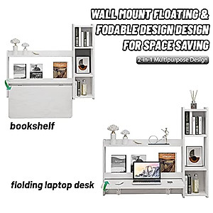 Pmnianhua Floating Desk,Wall Mounted Fold Down Wooden Laptop Computer Desk with Storage Shelves Folding Table Desk Workstation for Wall Bedroom Small Space (Gray-White (Right))