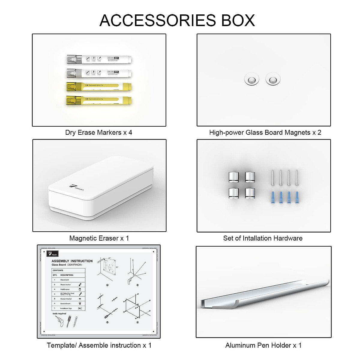 TOWON 47 x 35 Inch Glass Calendar Dry Erase Board for Wall, Magnetic Whiteboards Calendar, White Board Calendar Dry Erase for Wall, Monthly Planner Whiteboard Set, Black