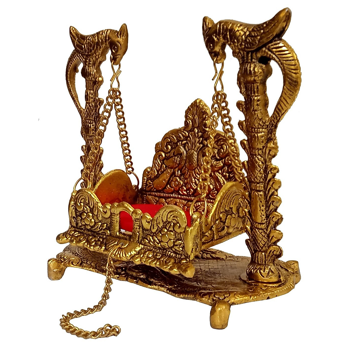 Purpledip Metal Jhula Swing with Velvet Seat: Gold Throne Chowki Aasan Platform for God Idols Like Baby Krishna (12683)