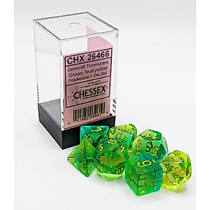 Gemini Polyhedral Dice Set | Set of 7 Dice in a Variety of Sizes Designed for Roleplaying Games | Premium Quality Dice for Tabletop RPGs | Translucent Green, Teal and Yellow Color | Made by Chessex