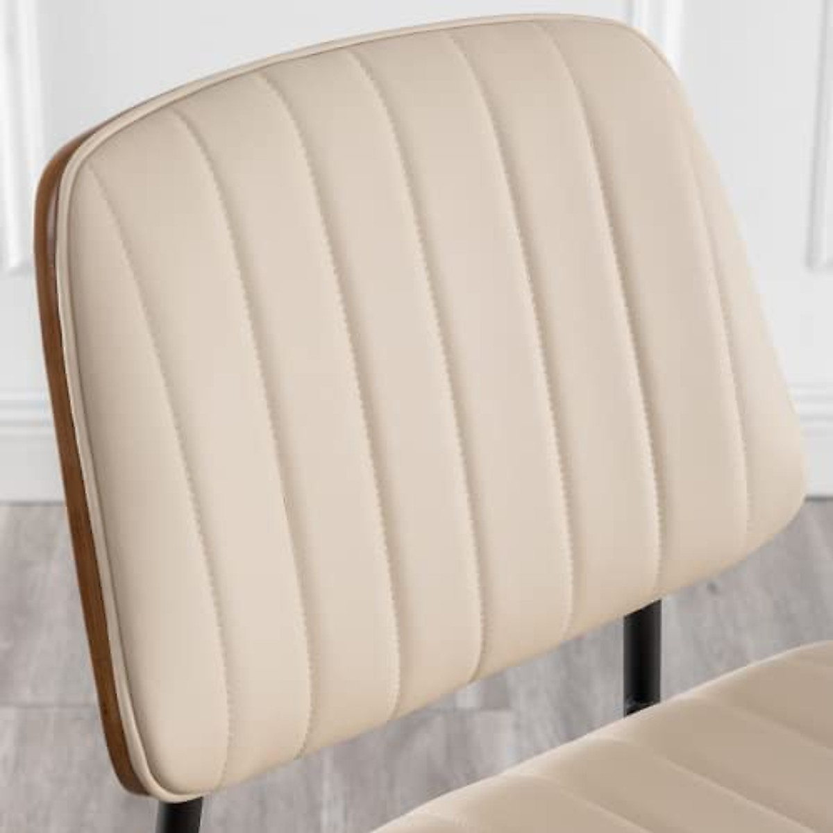 LUNLING Dining Chairs Set of 2 Mid Century Modern Retro Faux Leather Chair with Walnut Bentwood Upholstered Seat Metal Legs Adjustable Foot for Kitchen Dining Room Chairs(Beige)