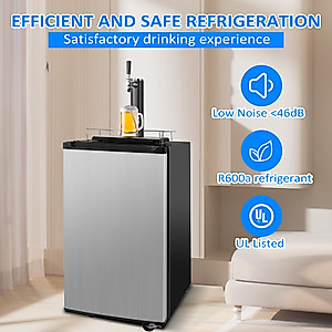 Keg Beer Cooler - 3.4 Cu.Ft. Capacity Kegerator w/ 4 Casters, CO2 Cylinder, Temperature Control - Black & Stainless Steel Finish