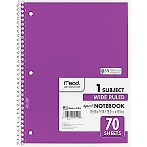 Mead Spiral Notebook, 1 Subject, Wide Ruled Paper, 70 Sheets, 10-1/2" x 7-1/2", Assorted Color (05510)
