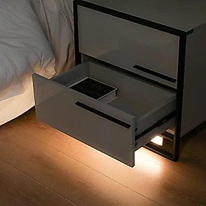 HIGOH Bedside Table Auto Led Nightstand with High Gloss Drawer Grey Led Night Stand with Metal Frame Bedside Table with 3 Color Magnetic Wireless