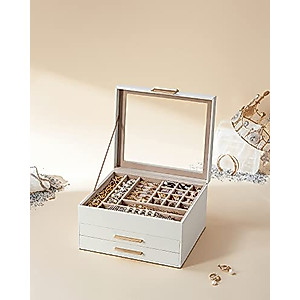 SONGMICS Jewelry Box with Glass Lid, 3-Layer Jewelry Organizer, 2 Drawers, Jewelry Storage, Lots of Storage Space, Modern, Gift Idea, 8 x 9.1 x 5.3 Inches, Cloud White and Gold Color UJBC239WT