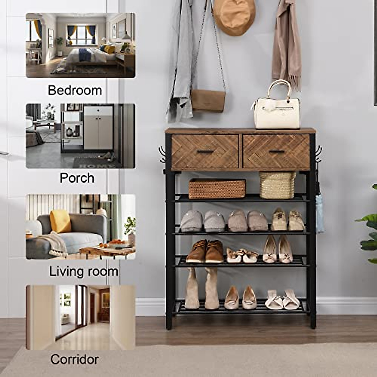 Pvillez 4-Tier Shoe Rack, Entryway Coat Rack Shoe Storage Organizer for Front Door, Entry Table Shoe Hat Racks Shelf Organization Hanger, with Hooks Drawers Entrance Hallway Furniture