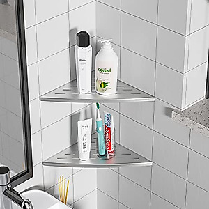 Qeke Corner Shower Shelf Brushed Nickel, 304 Stainless Steel 11.5” Recessed Corner Shelf Bathroom for Tiled Wall, Floating Shower Shelves Shampoo Holder, No Drilling, 2 Pack