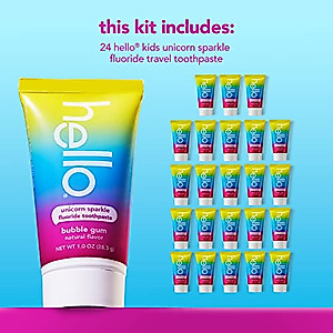 hello Unicorn Sparkle Kids Travel Toothpaste, Fluoride Toothpaste with Natural Bubble Gum Flavor, Travel Size 24 Pack, 1 OZ Tubes