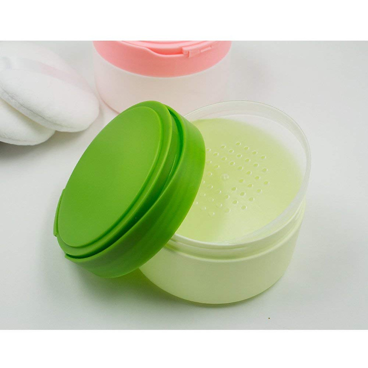 1 Pcs Baby After-Bath Powder Puff Box Empty Refillable Plastic Baby Skin Care Baby Powder Container Portable Talcum Powder Case Jar with Powder Puff and Sifter for Home and Travel (Green)