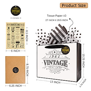 Crisky 60th Birthday Gift Wrap Bag Vintage 1964 with 60th Birthday Card Matching Envelope Sticker and Tissue Paper for Women/Men/Wife/Husband/Mom/Dad, 13" x 10" x 5"
