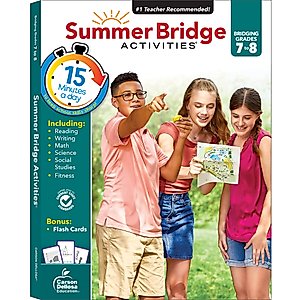 Summer Bridge Activities 7th to 8th Grade Workbook, Math, Reading Comprehension, Writing, Science, Social Studies, Fitness Summer Learning Activities, 8th Grade Workbooks All Subjects With Flash Cards