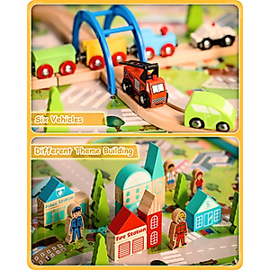 SainSmart Jr. Wooden Train Activity Table 116pcs, 3-in-1 Kids Playset with Large Building Blocks, Track Set and Reversible Top for Toddlers