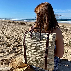 LA Collections Natural Straw and Leather Bag, Backpack, Tote, Adjustable Leather Straps, Perfect for Beach, Shopping, Market, Picnic, Music festival. Handcrafted by Moroccan artisans.