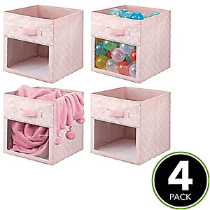 mDesign Fabric Nursery/Playroom Closet Storage Organizer Bin Box, Front Handle/Window for Cube Furniture Shelving Unit, Hold Toys, Clothes, Diapers, Bibs, 4 Pack, Pink/White Polka Dot