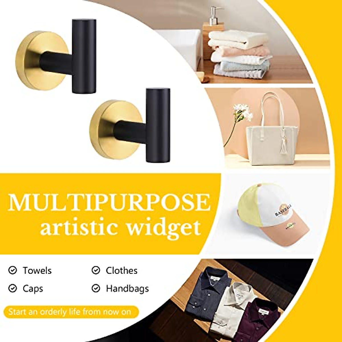 APLusee Robe Towel Hook Matte Black and Gold 2 Pack, SUS 304 Stainless Steel Stylish Home Coat Hanger, Round Towel Holder for Bathroom Toilet Kitchen, Wall Mount Hardware Practical Organizer