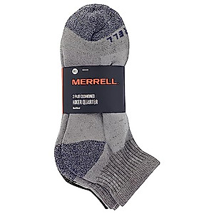 Merrell Men's 3 Pack Cushioned Performance Hiker Socks (Low/Quarter/Crew Socks), Charcoal Black (Quarter), Shoe Size: 9.5-12