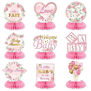 Weecent 9 Pcs Pink Rose Gold Baby Shower Honeycomb Centerpieces Floral Baby Shower Party Table Centerpieces Oh Baby Party Decorations Baby Girl Boy Birthday Party Table Topper Party Supplies