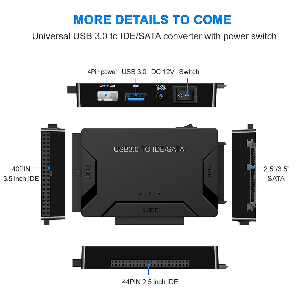 EYOOLD USB 3.0 to SATA IDE Adapter, Hard Drive Reader External Ultra Recovery Converter Compatible with 2.5" 3.5" HDD, SSD,5.25-inch DVD/CD-ROM Optical Drive Data Transfer with Power Supply